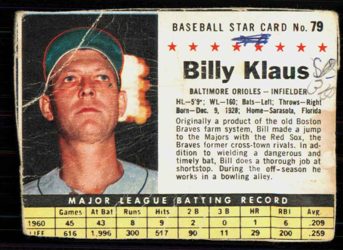 1961 Post Cereal Billy Klaus Baltimore Orioles #79 Writing On Card | eBay