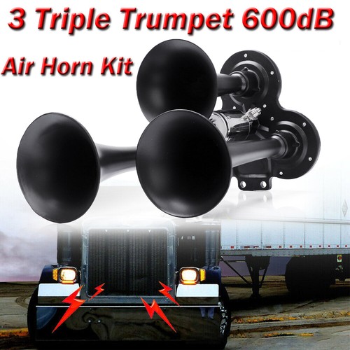 NEW 12V Black 600DB 3 Triple Trumpet Deep Loud Train Sound Air Horn ...
