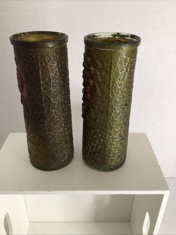 Set of 2 Antique Goofus Glass Vases - Grapes & Flowers - Red Green Gold ...