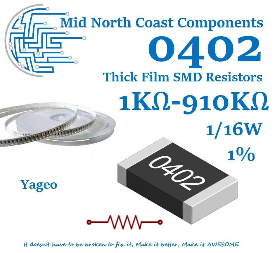 0402 Resistors 1KΩ to 910KΩ ±1% 50V 1/16 Watt Full Range SMD 0402 ...