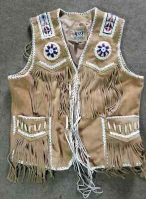 Native American Indian Beaded Beige Buckskin Suede Fringe Vest, Old ...
