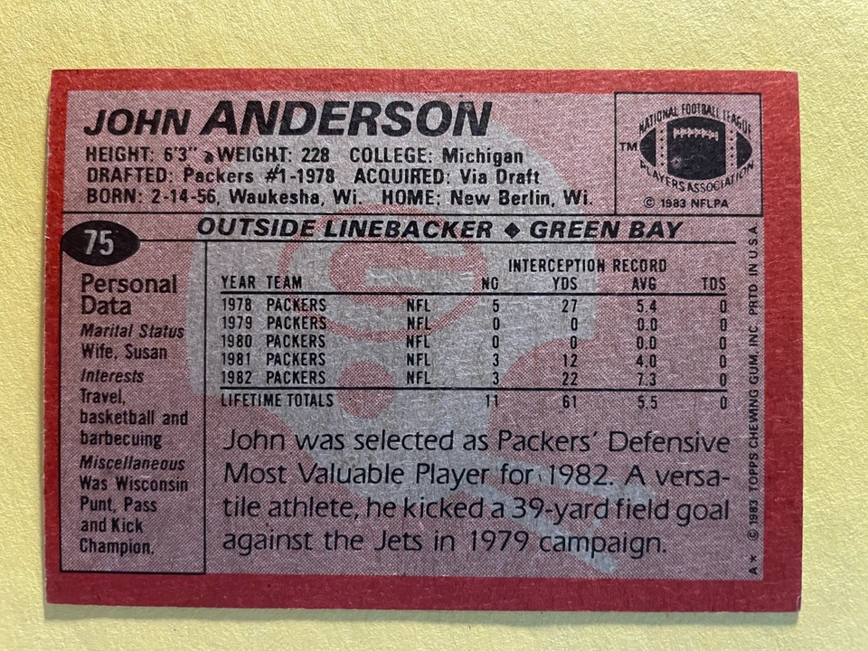 SIGNED JOHN ANDERSON 1983 TOPPS ROOKIE FOOTBALL CARD AUTOGRAPH ...