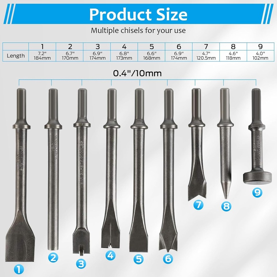 9Pcs Pneumatic Air Hammer Punch Chipping Chisel Set with 0.401" (10mm ...