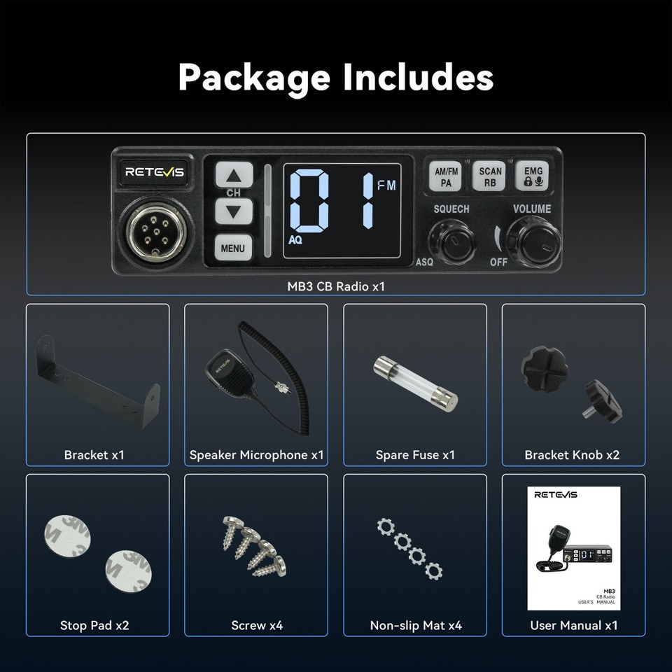 Retevis MB3 AM/FM Dual Mode CB Radio 40CH Emergency Channel 9/19 for ...