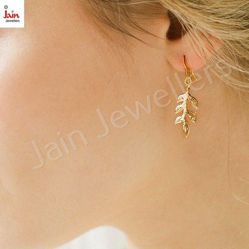 18 Kt Hallmark Real Solid Yellow Gold Botanical Leaf Dangle Drop Hoop ...