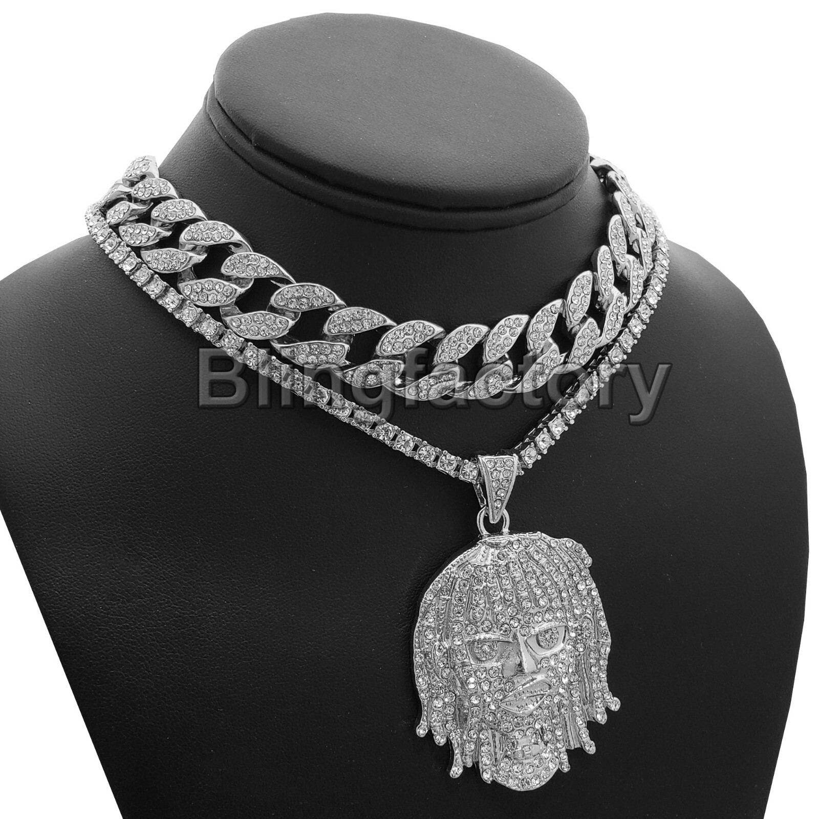 Lil Pump Portrait pendant & 18" Full Iced Cuban & 1 Row Diamond Choker ...