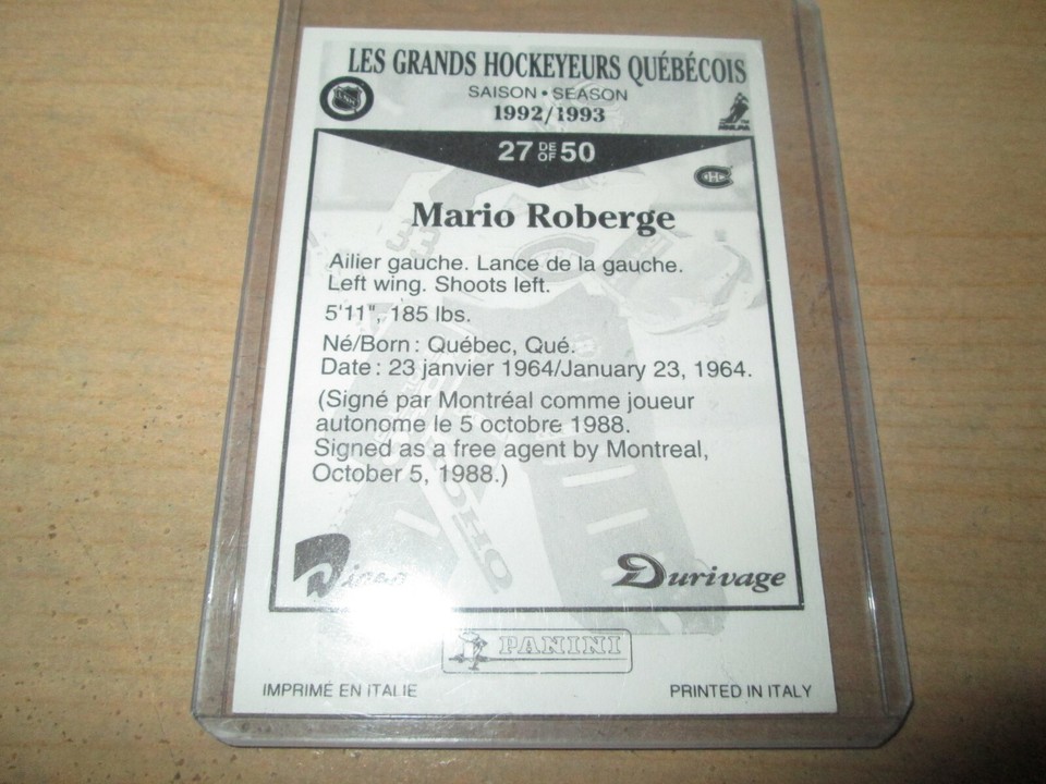 1992-93 Durivage Panini # 27 MARIO ROBERGE MONTREAL CANADIENS | eBay