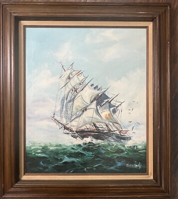 MCM Thomas Hawley Signed Oil Painting 17th Century Sailing Ship Ocean ...