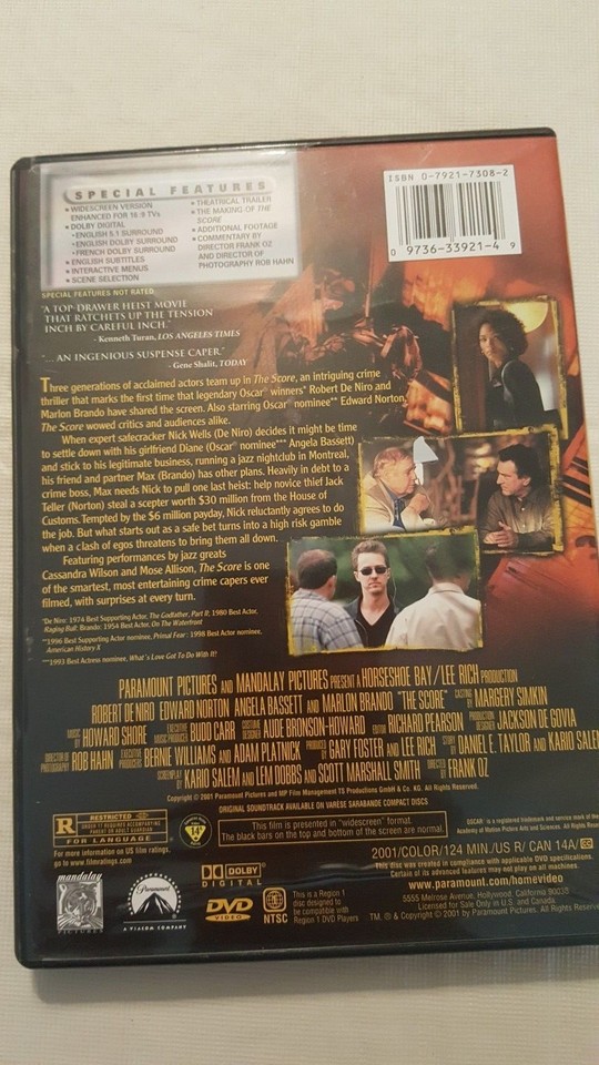 The Score (DVD, 2001) Robert De Niro, Edward Norton, Marlon Brando ...