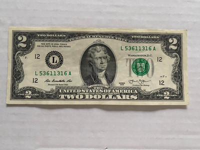 USA Real Money $2 paper money TWO DOLLARS Serial number L 53611316 A ...