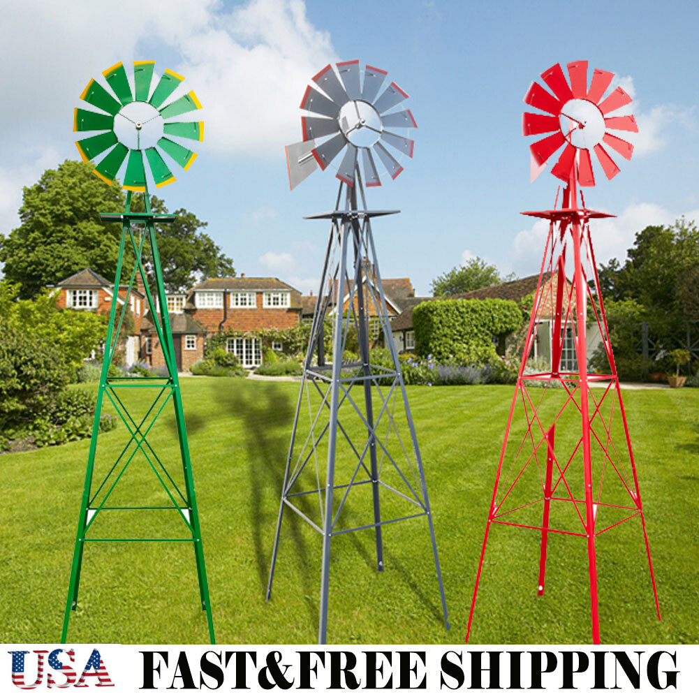 8FT Windmill Yard Garden Heavy Duty Metal Decoration Wind Mill Weather ...