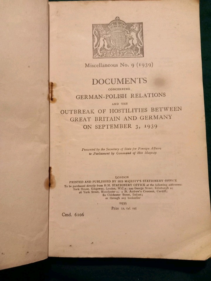 HMSO 1939 Docs. Concerning German - Polish Relations + Outbreak Of ...