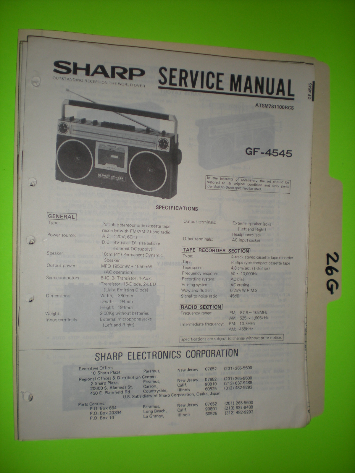 Sharp gf-4545 service manual original repair book stereo tape player ...