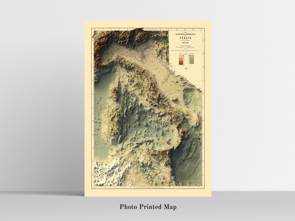 Italy Map, Italy Bathymetric 2D Relief Map, Italy Vintage Map - 2D Flat ...