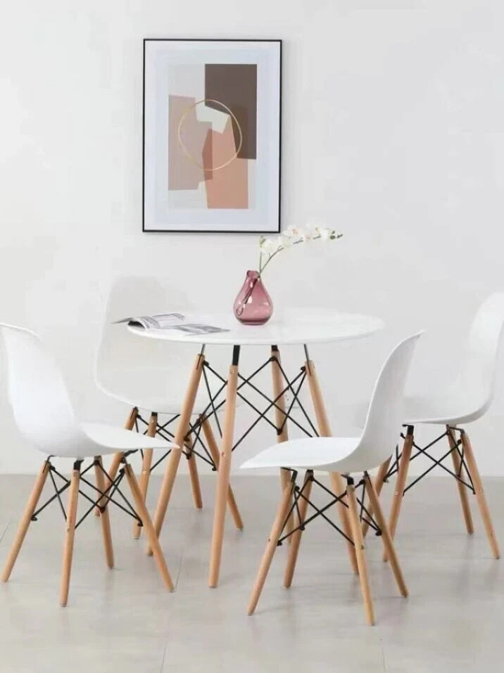 White Round Nordic Dining Table with Solid Wood Legs, Circular Scandi ...