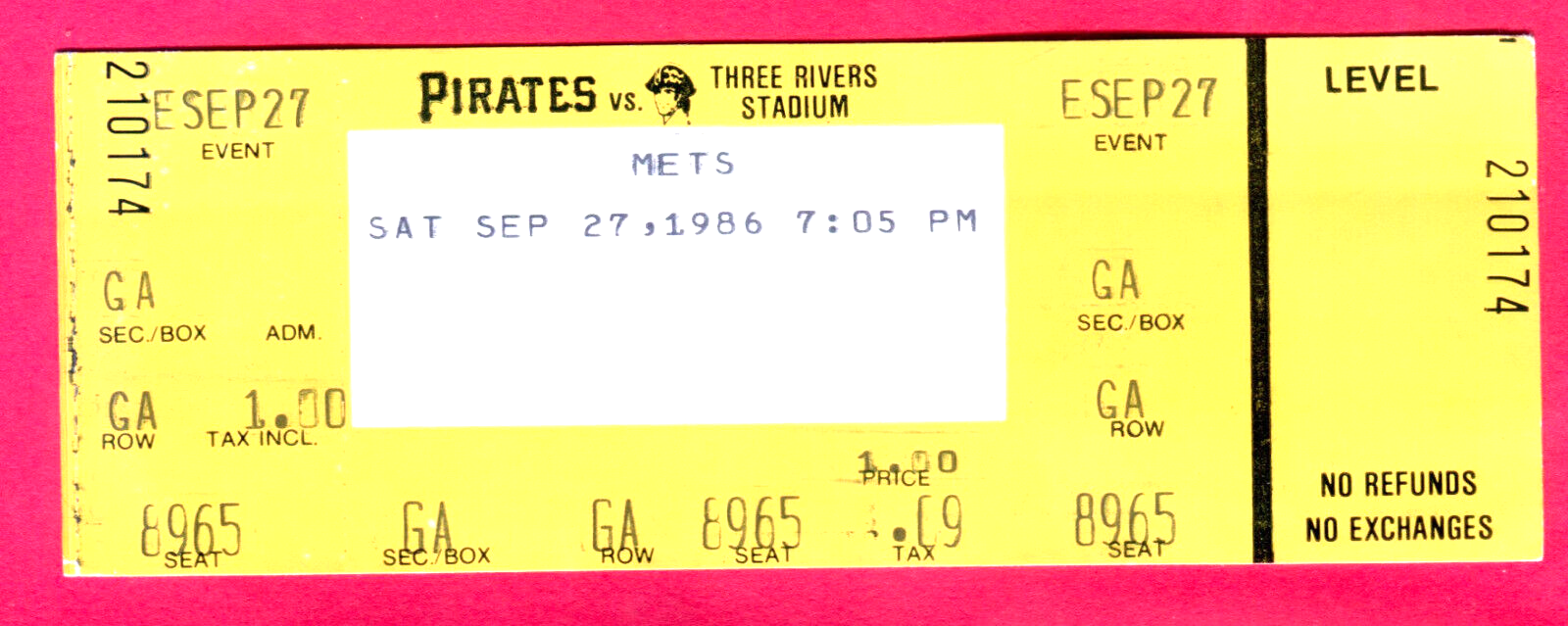 FULL TICKET! 1986 METS WORLD SERIES CHAMPS! 9/27/86 PIRATES-BONDS ...