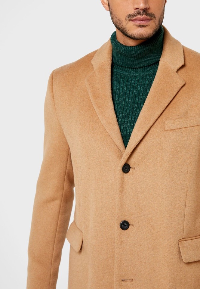 NEW Topman Scott Overcoat With Wool - Camel - Large | eBay