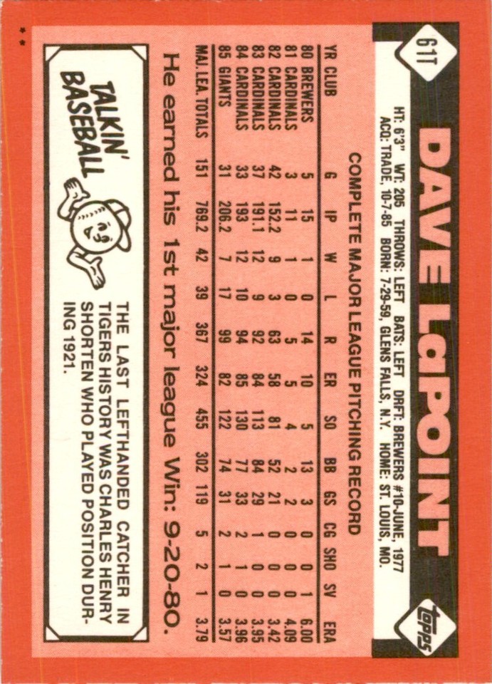 1986 Topps Traded Dave LaPoint Baseball Cards #61T | eBay