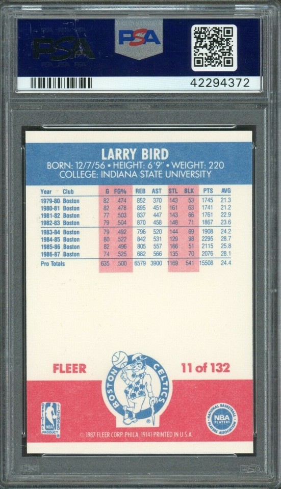 🏀 1987 Fleer Larry Bird HOF NBA Basketball Card #11 GEM MINT PSA 10 🏀 ...