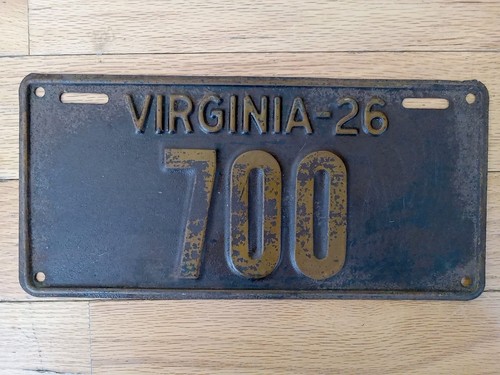 1926 Virginia License Plate Rare Low Number 3 Digit Plate "700" | eBay