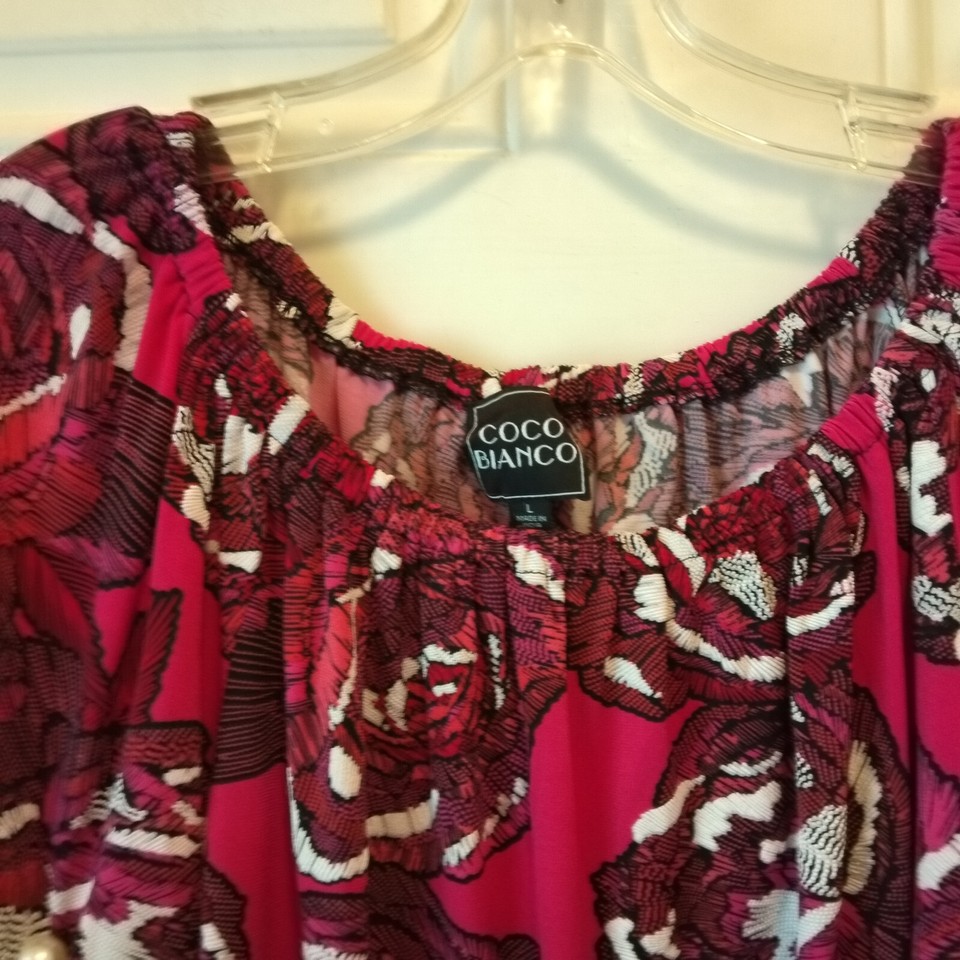 COCO BIANCO size L Red Roses pearl accented scrunch Sleeves Peasant Top ...