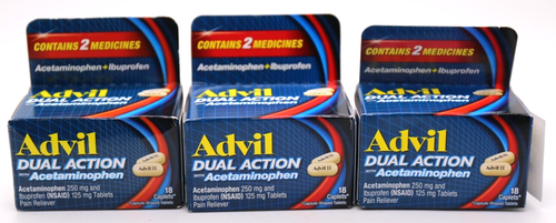 3X Advil Dual Action W/ Ibuprofen & Acetaminophen Combo 18 Caplets Exp ...