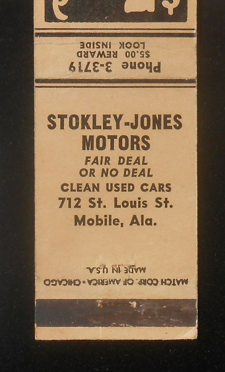 1940s Stokley-Jones Motors Used Car Mobile AL Matchbook Alabama | eBay