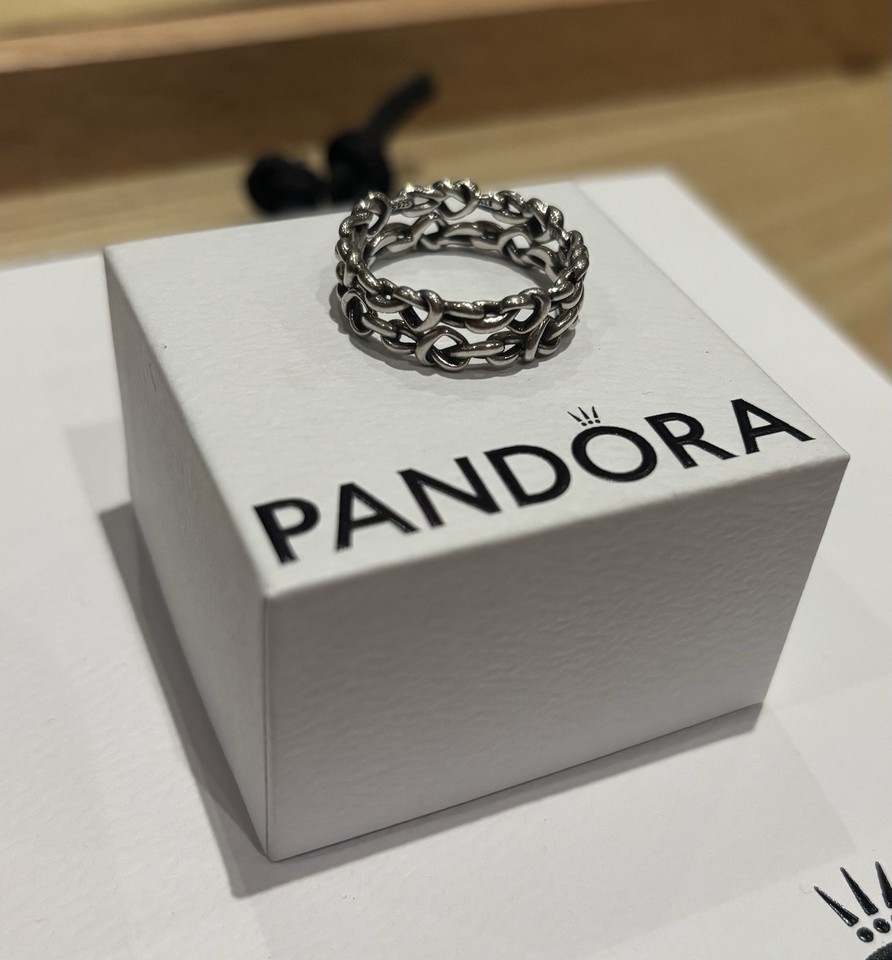 PANDORA Knotted Hearts Ring Stacking Duo - S925 Silver Oxidised - Size ...