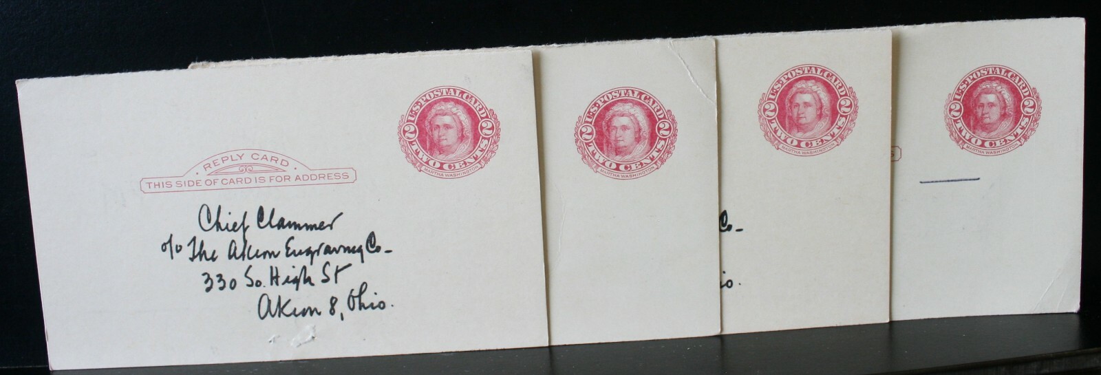 4 VINTAGE US PREPAID STAMP POSTAL REPLY CARD 2 CENT MARTHA WASHINGTON ...