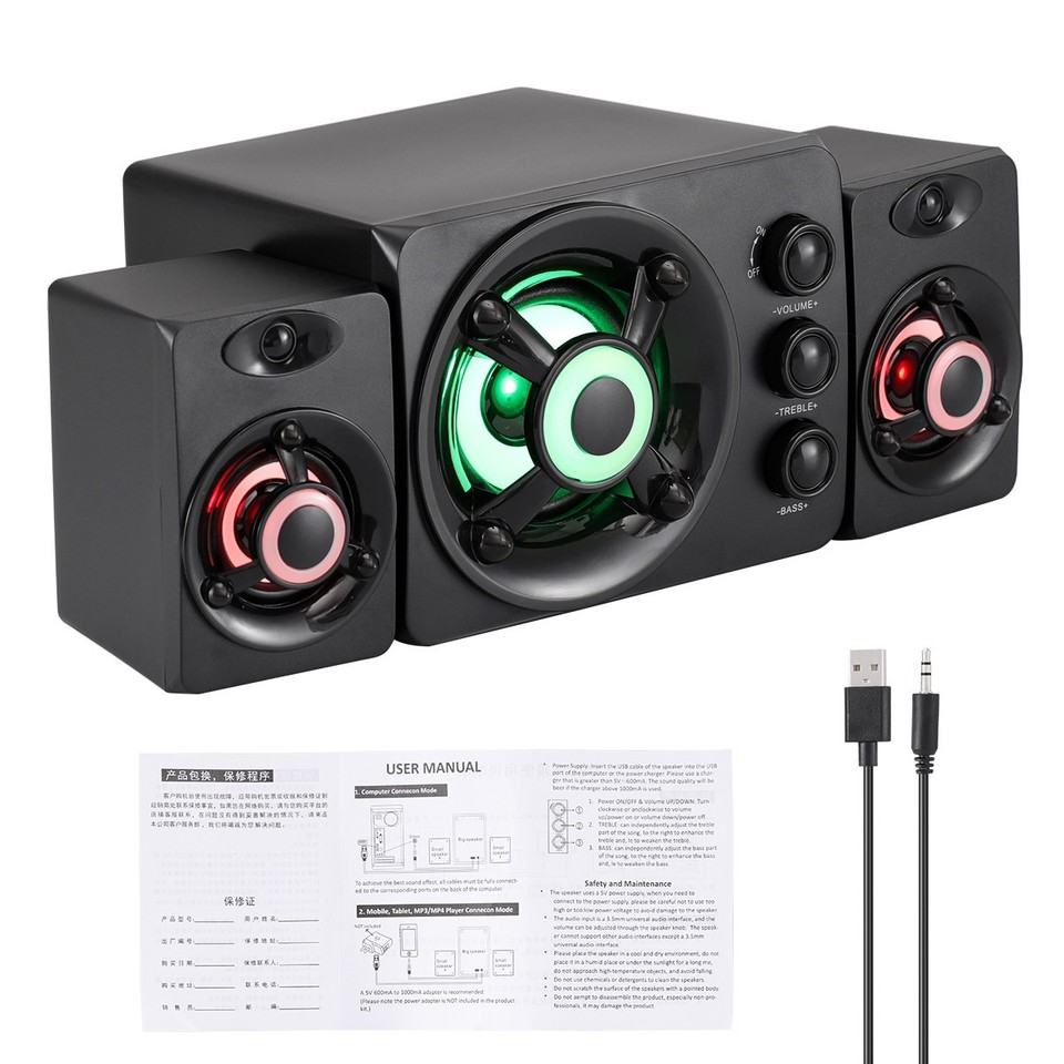RGB Mini Speakers USB 3.5mm Sound System w/ Dynamic Lights & Stereo ...