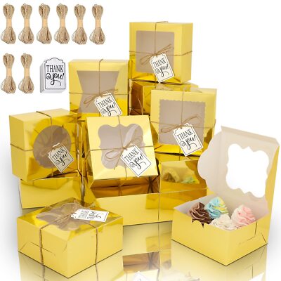 65-Pack Gold Bakery Boxes 6x6x3" 5 Styles Window Cookie Pastry Donut ...