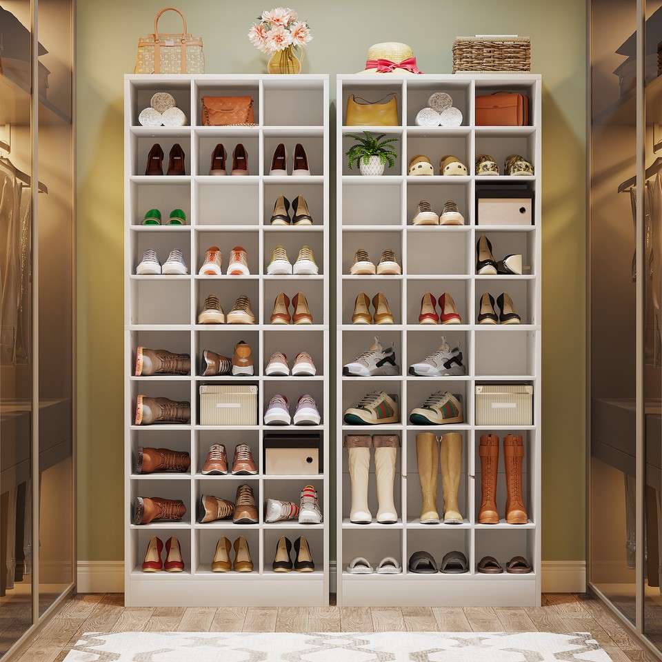 10-Tier Wood Shoe Cubby Rack Freestanding White Shoe Organizer Storage ...