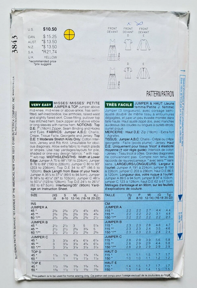 VTG 90s Butterick Sew Pattern 3845 Misses Jumper Dress & Knit Top L-XL ...