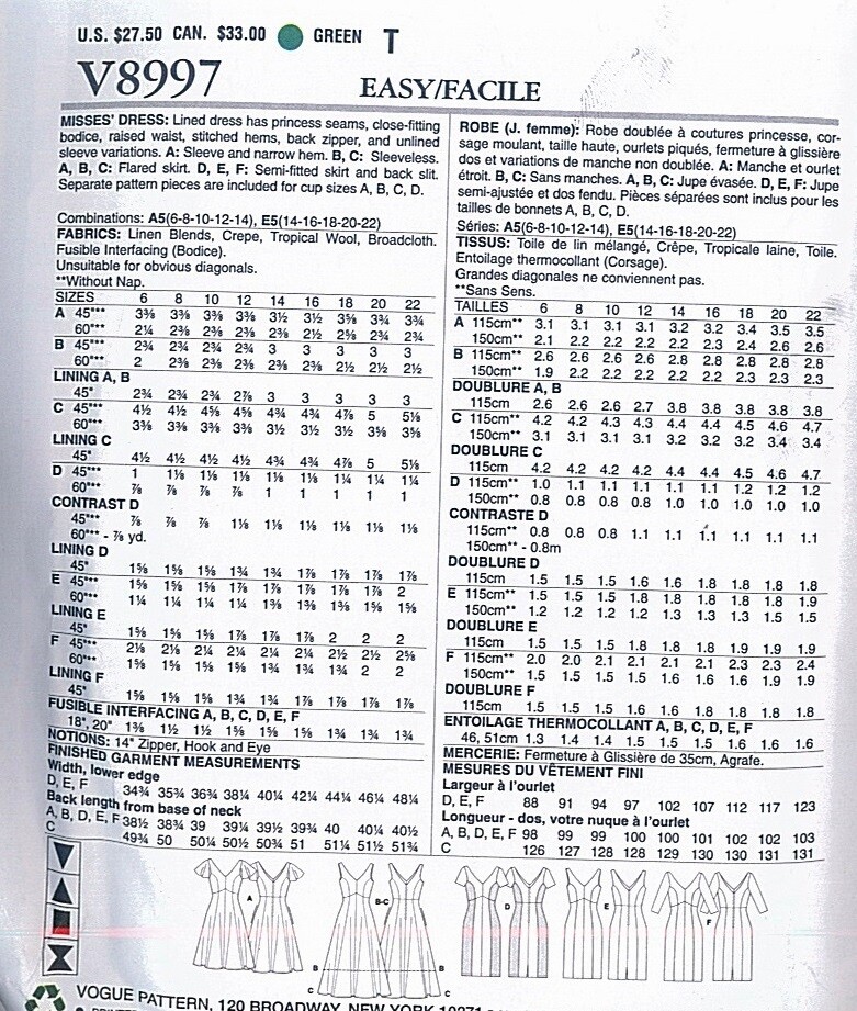 Vogue 8997 Dress Pattern Lined Princess Seams Misses Plus Size A5 E5 6 ...