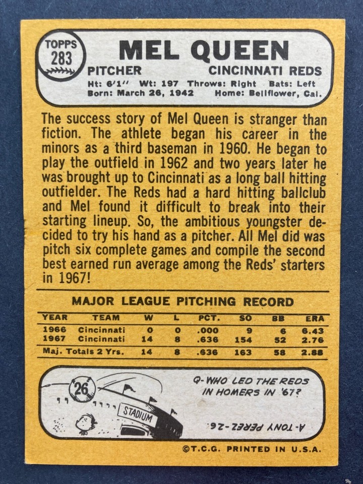 1968 Topps #283 Mel Queen (Cincinnati Reds) CENTERED! (B) | eBay