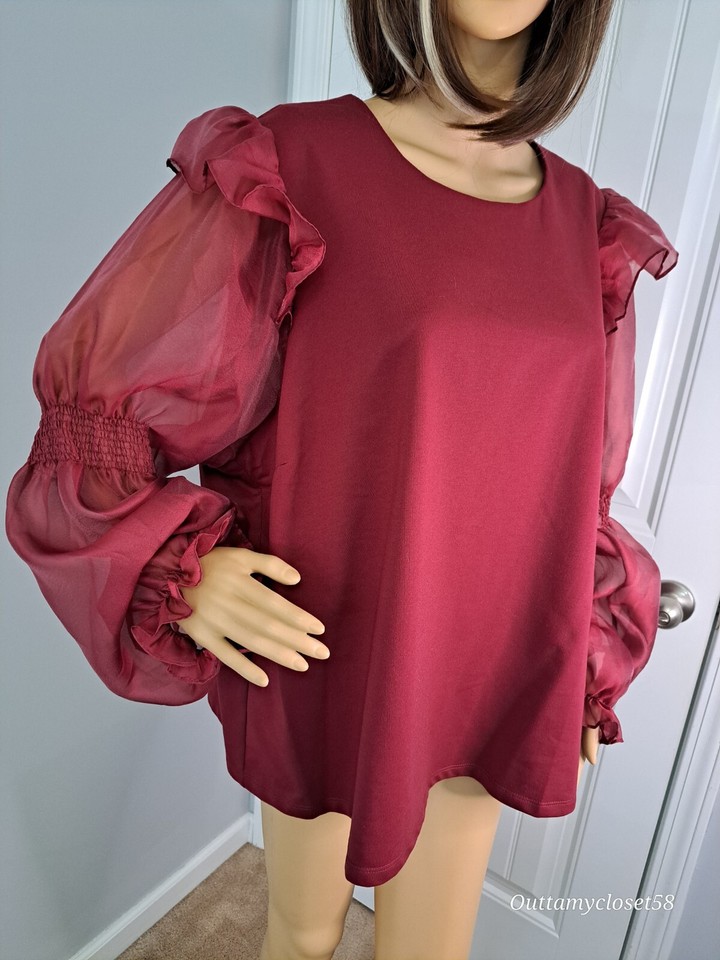 Sheer Sleeve Blouse. Size 2X. NWT. Ruffles, Keyhole. Sissy Fem CD Trans ...
