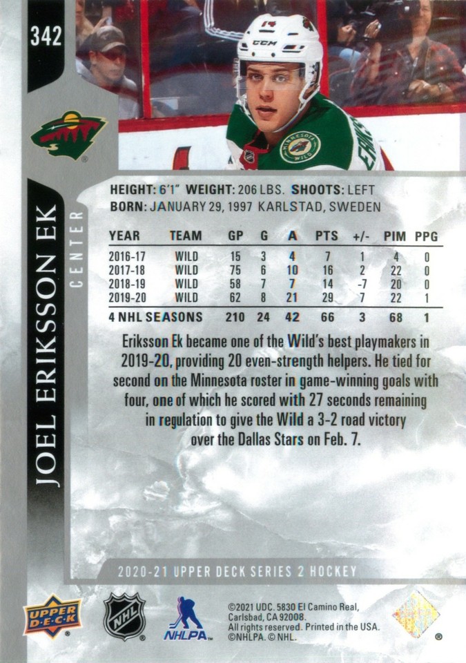Joel Eriksson Ek 2020-21 Upper Deck Series 2 Hockey Card #342 Minnesota ...