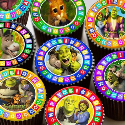 SHREK HAPPY BIRTHDAY MIXED COLOUR BORDER EDIBLE CUPCAKE TOPPERS ...