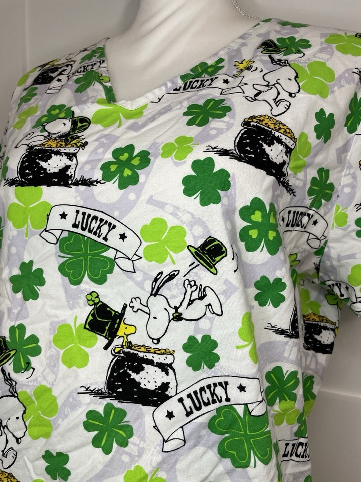 Peanuts Snoopy St. Patrick’s Day Shamrock Nursing Medical Scrub Top ...