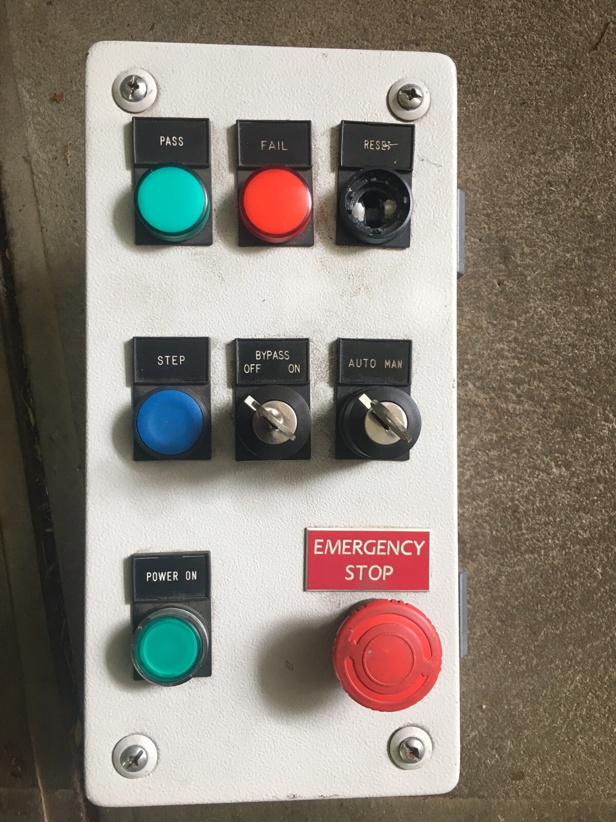 Box with emergency stop power pass fail step buttons switches & 3 key ...