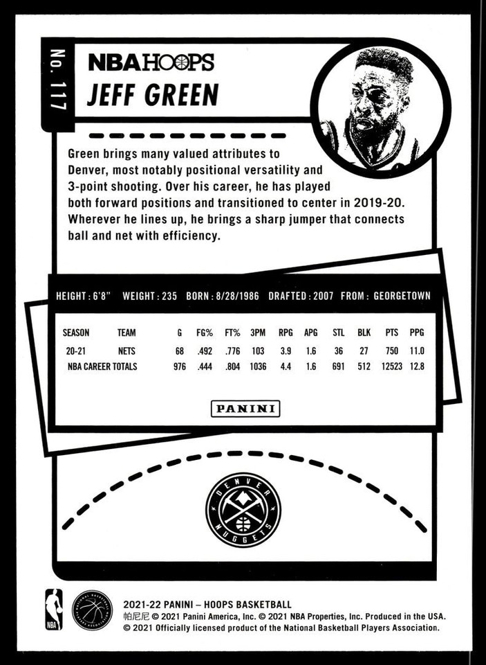 2021-22 Panini NBA Hoops Jeff Green #117 Blue | eBay
