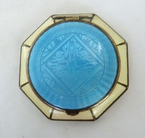 ANTIQUE VINTAGE ART DECIO BLUE CREAM GUILLOCHE ENAMEL CLASSIC POWDER ...