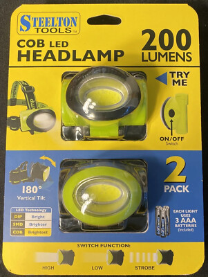 STEELTON TOOLS 200 Lumen COB LED Head Lamp 3 Modes 2 Pack Batteries ...