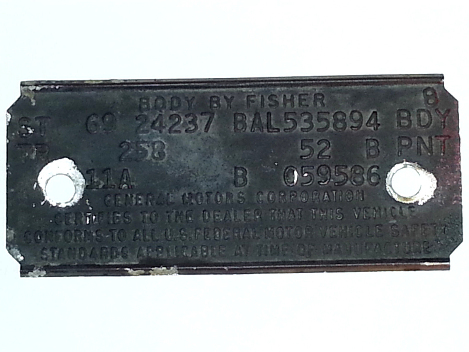 GM Chevy Pontiac Oldsmobile Factory Correct Firewall Cowl Data Plate ...