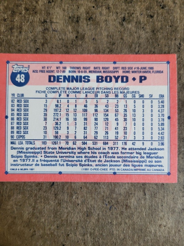 OPC 1991 BASEBALL / 48 DENNIS BOYD MONTREAL EXPOS | eBay