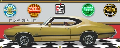 1971 OLDSMOBILE OLDS 442 W-30 SATURN GOLD CAR GARAGE SCENE BANNER SIGN ...