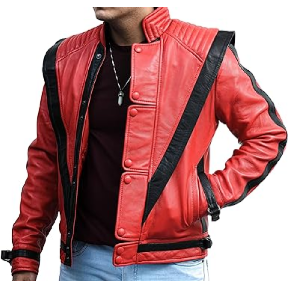 MJ Thriller Style Music Red And Black Cosplay Costume PU Leather Jacket ...