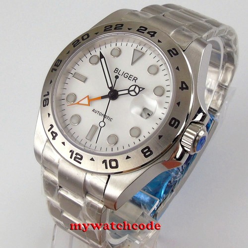 43mm bliger white dial sapphire glass GMT date automatic mens watch ...
