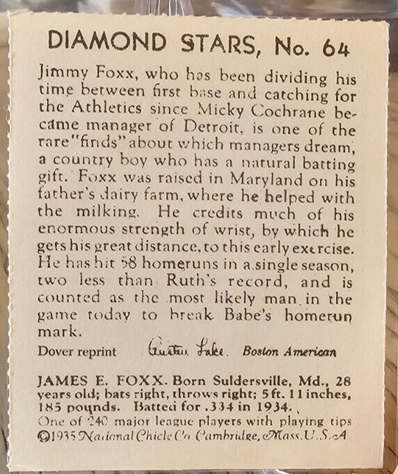 Dover Reprints 1935 Diamond Stars Jimmie Foxx #64 Oakland Athletics | eBay