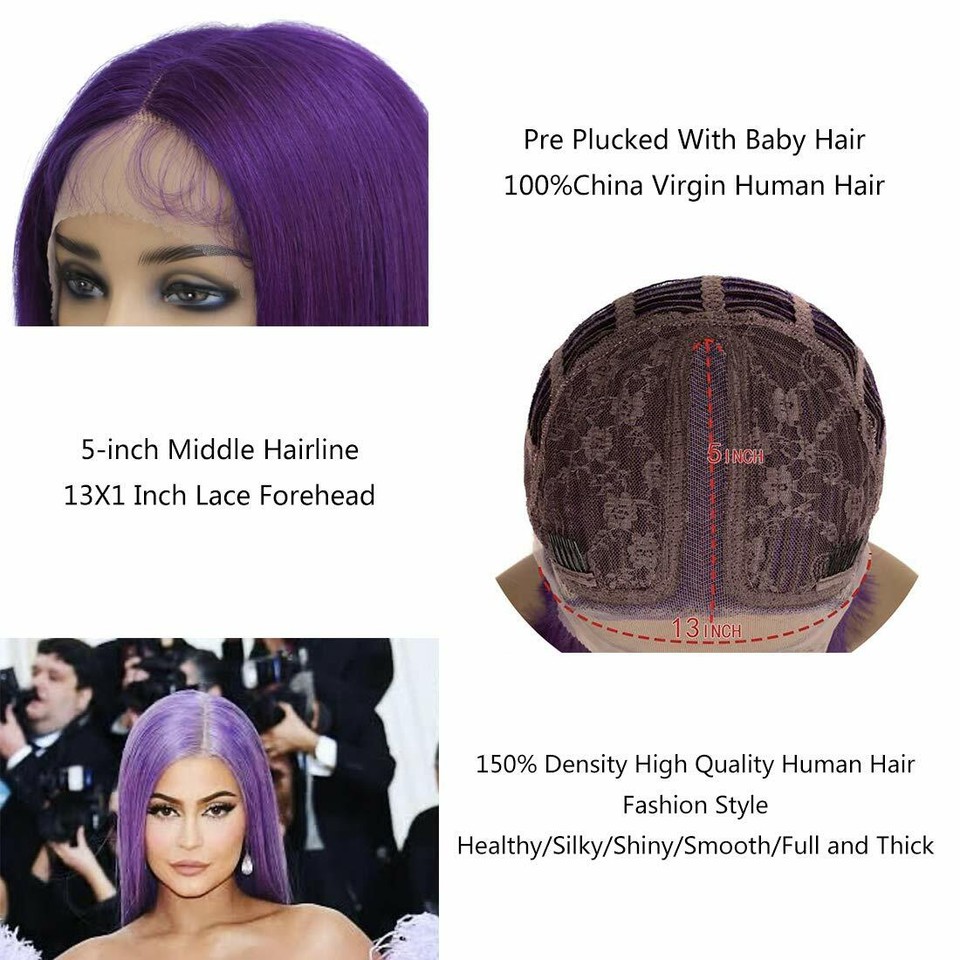 Short Bob Dark Purple Human Hair Wigs Straight 13x1x4 T Part Lace Front ...
